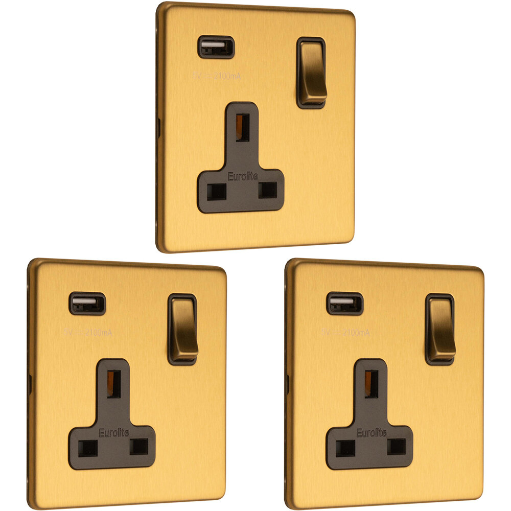 3 PACK 1 Gang Single 13A UK Plug Socket & 2.1A USB-A SCREWLESS SATIN ...