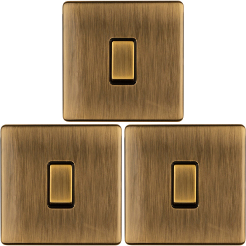 3 PACK 1 Gang Single Light Switch SCREWLESS ANTIQUE BRASS 2 Way 10A ...
