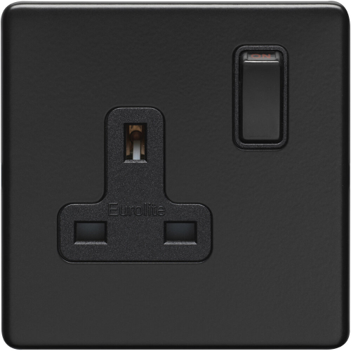 1 Gang DP 13A Switched UK Plug Socket SCREWLESS MATT BLACK Wall Power ...