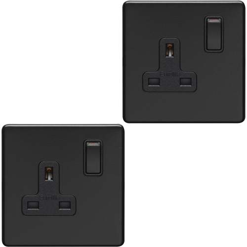 2 PACK 1 Gang DP 13A Switched UK Plug Socket SCREWLESS MATT BLACK Wall ...
