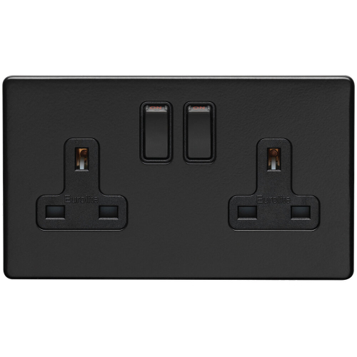 2 Gang Double DP 13A Switched UK Plug Socket SCREWLESS MATT BLACK Wall ...