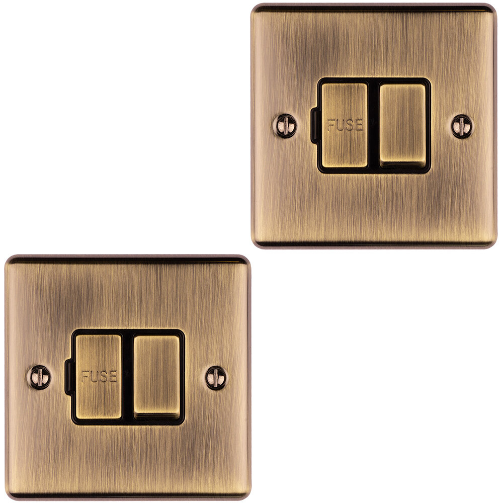 2 PACK 1 Gang 13A Switched Fuse Spur ANTIQUE BRASS & BLACK Metal Mains ...