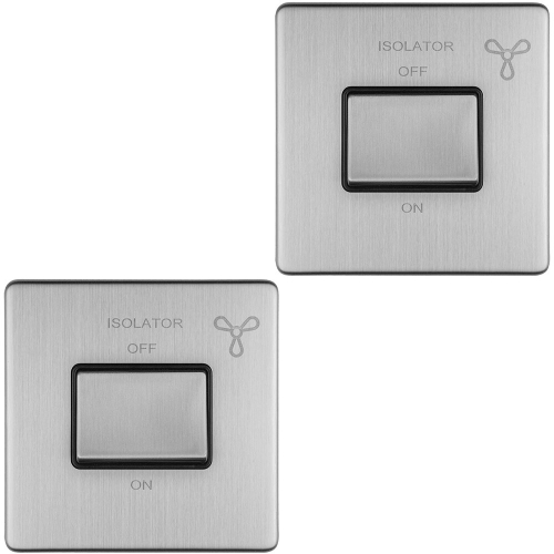 2 PACK SCREWLESS 6A Extractor Fan Isolator Switch SATIN STEEL 3 Pole ...