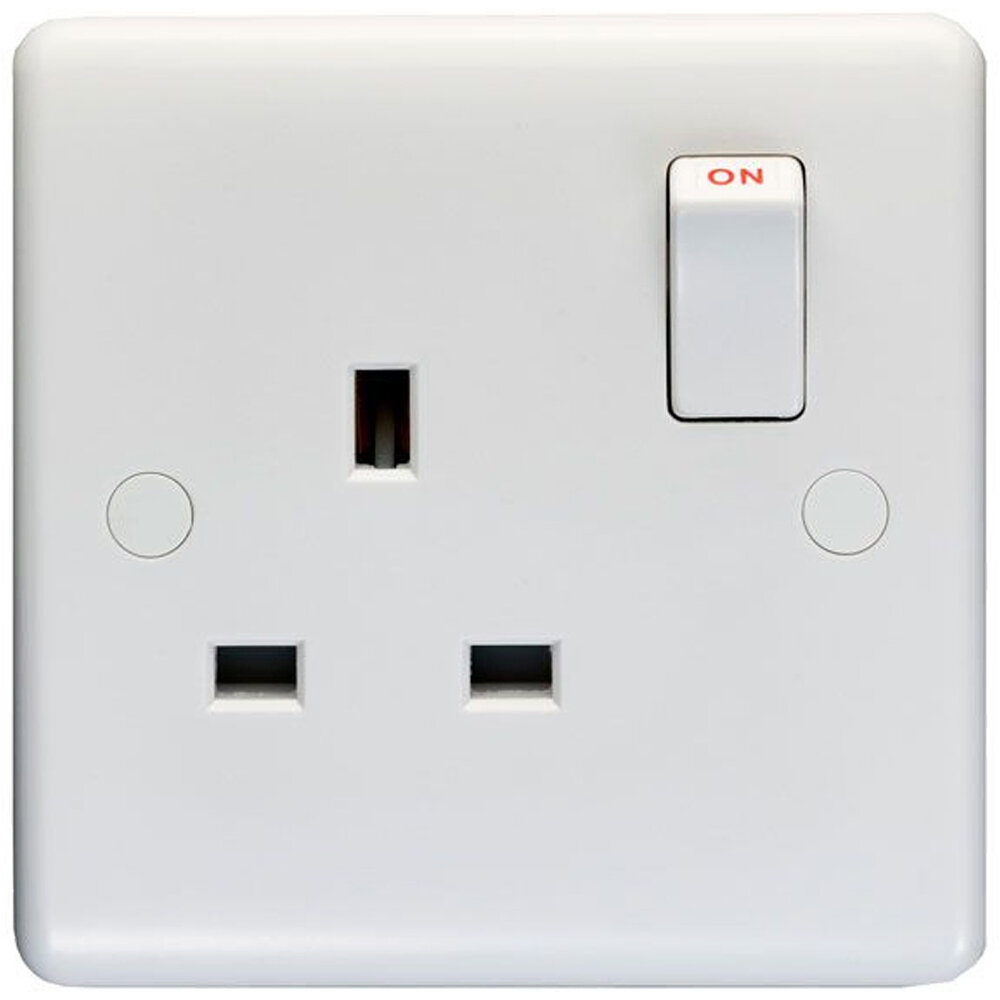 1 Gang Double Pole 13A Switched UK Plug Socket - WHITE PLASTIC Wall ...