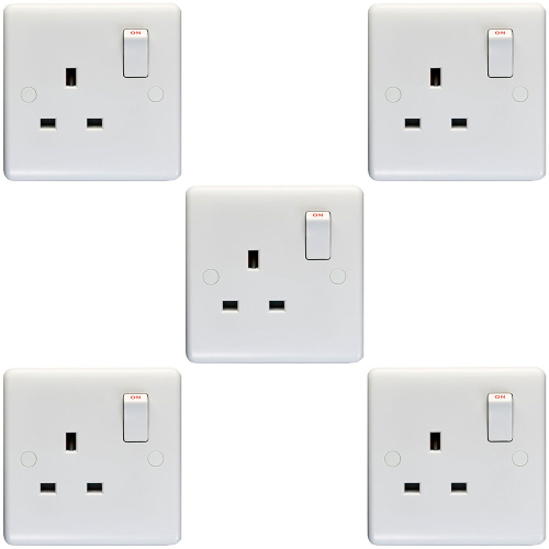5 PACK 1 Gang Double Pole 13A Switched UK Plug Socket - WHITE Wall ...
