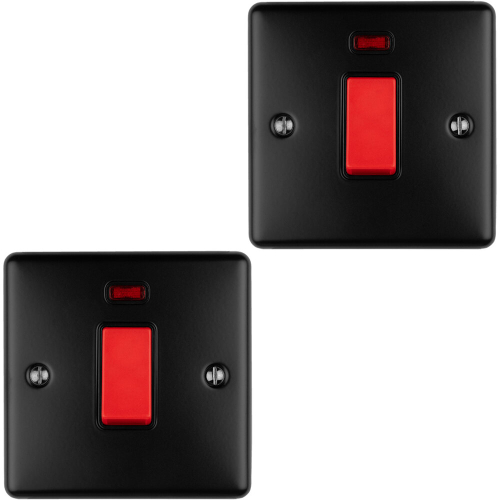 2 PACK 1 Gang Single 45A Cooker Switch Neon - MATT BLACK & BLACK Rocker ...