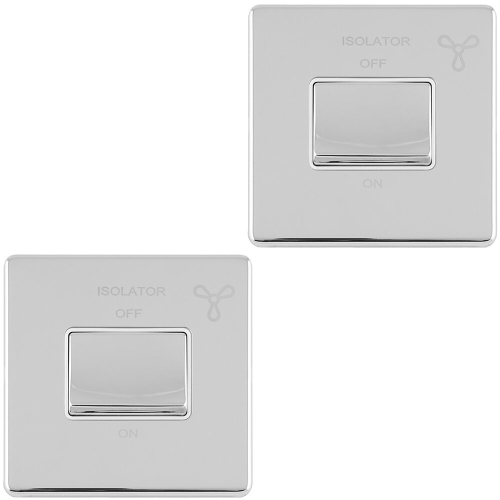 2 PACK SCREWLESS 6A Extractor Fan Isolator Switch POLISHED CHROME 3 ...