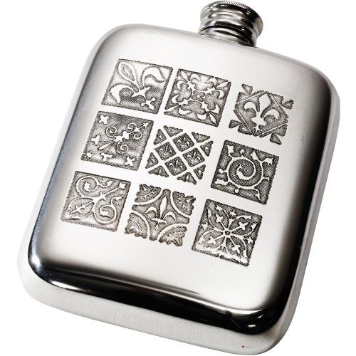 Pocket 4oz Pewter Hip Flask with Medieval Tile Motifs Pattern Embossed ...