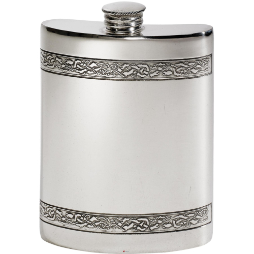 Hip Flask Kidney Shaped Pewter 6oz Double Horizontal Celtic Bands Bright Polished Finish Screw ...