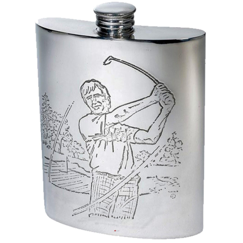 6oz Pewter Hip Flask with Golfing scene Embossed on Front and Back ...