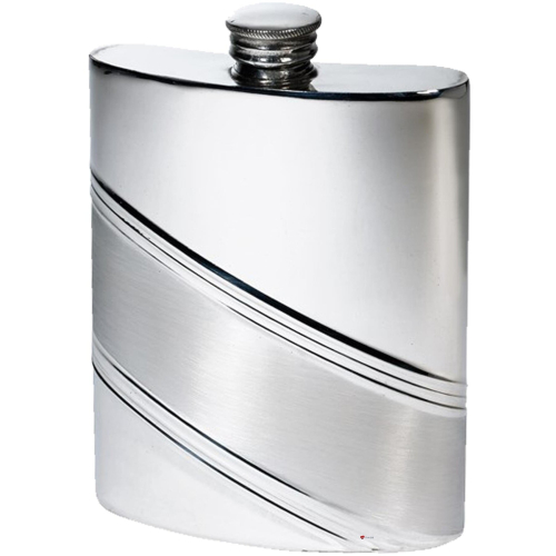 6oz Pewter Flask Kidney Shaped with Modern Lined Diagonal Satin Band ...