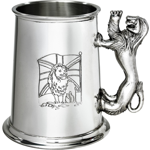 Pewter Tankard 1 Pint with Union Jack and Lion Rampant Handle Pure ...
