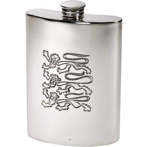 6oz Pewter Hip Flask England 3 Lions Motif, Kidney Shaped Bright ...