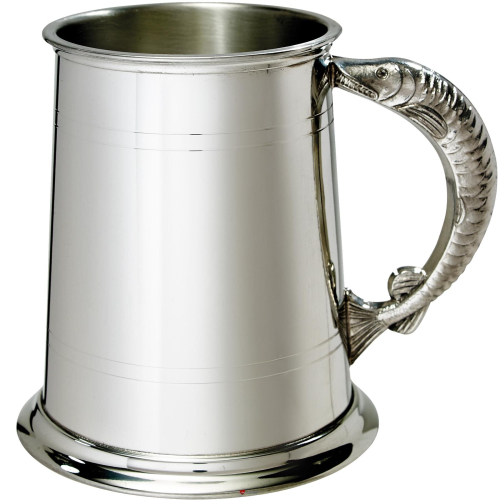 Pewter Tankard 1 Pint Plain Double Lines Fish Handle Pure Heavy Gauge ...