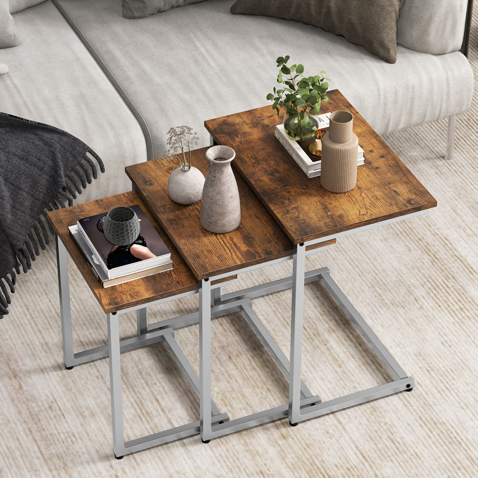 Set of 3 Nesting Tables Rectangle Stacking Side Table C-shape Accent ...