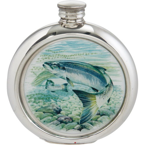 Round 6oz Game Fish Salmon Picture Insert Pewter Hip Flask with Unique ...