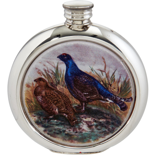 Round 6oz Game Bird Grouse Pewter Hip Flask with Unique Colour Picture ...
