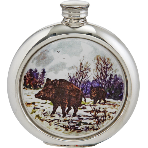 Round 6oz Animal Picture Boar Pewter Hip Flask with Unique Colour ...