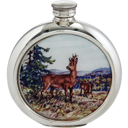 Round 6oz Animal Picture Roe Deer Pewter Hip Flask with Unique Colour ...