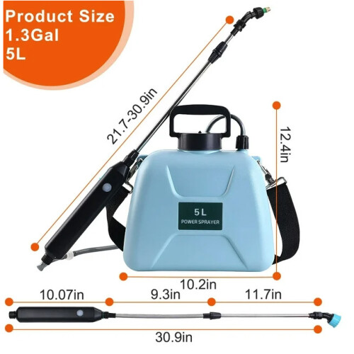 DWD Power Sprayer 5L Electric USB Rechargeable Handle 3 Hours Use Adjustable Wand 60cm Reach Portable Garden Water Sprayer 3 Mist Nozzles