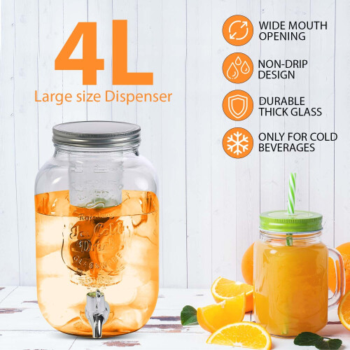 4L Glass Beverage Drinks Dispenser Jug Jar Lid Juice Cocktail BBQ Party ...