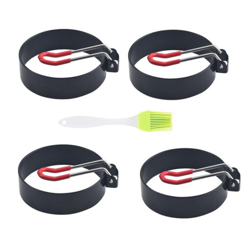 4 Pcs Round Egg Pan Ring Non-Stick Heat-Resistant Handle and Oil Brush ...