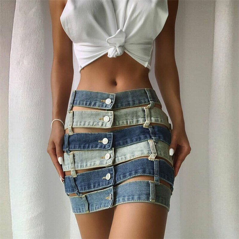 Patchwork Hit Sexy Denim Skirts Women High Waist Asymmetric Large Size