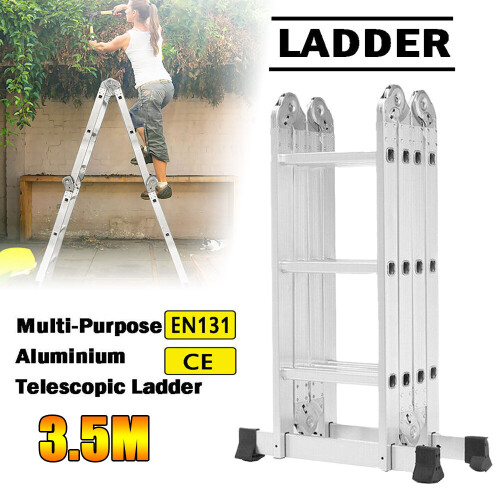 3.5M Folding Ladder Extendable Aluminium 3*4 Step Ladder Securing on OnBuy