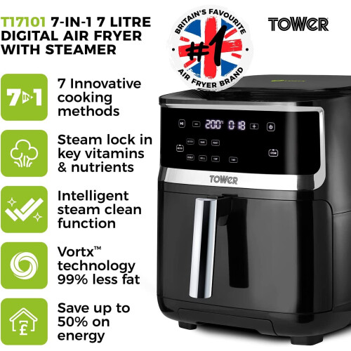 Tower T17101 Vortx Air Fryer with Steam Function 1700W, 7L in Black on OnBuy