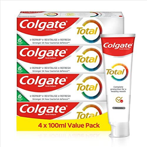 COLGATE Total Original Toothpaste (4 x 100 ml), 24 Hour Antibacterial ...