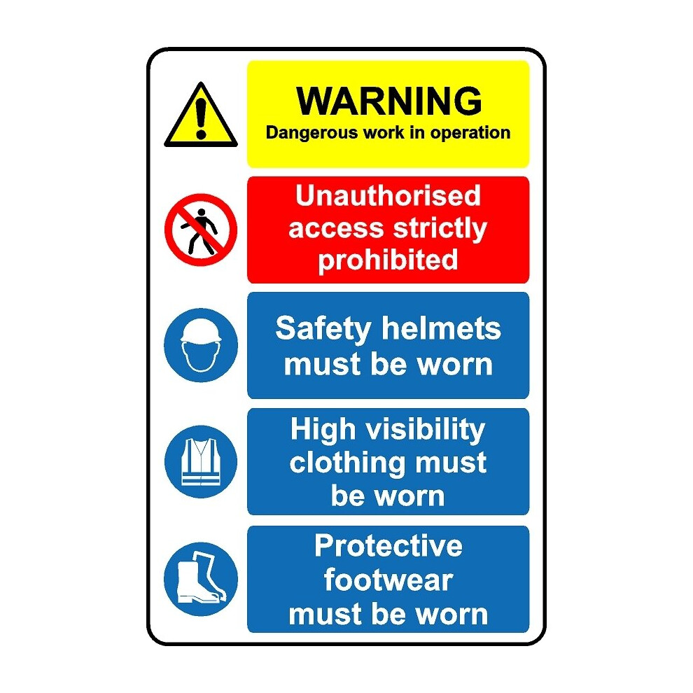 Warning dangerous work in operation no unauthorised access safety sign ...