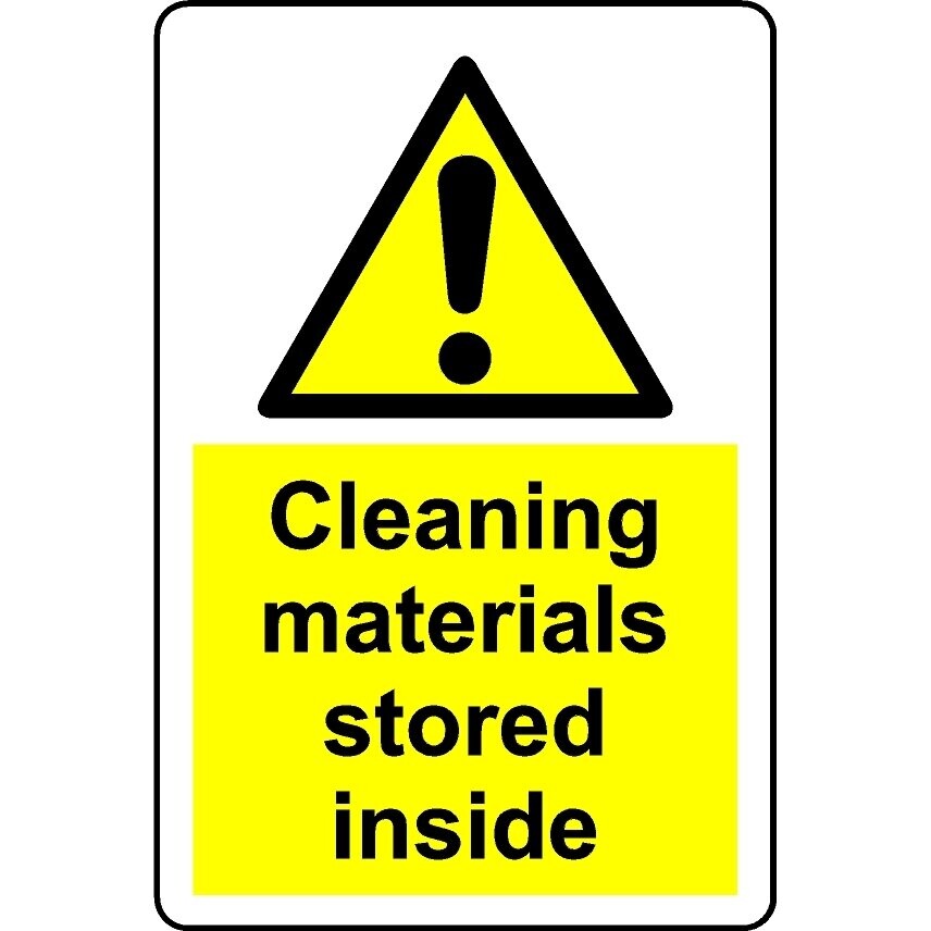 Cleaning materials stored inside safety sign - 1mm Plastic sign - 100mm ...