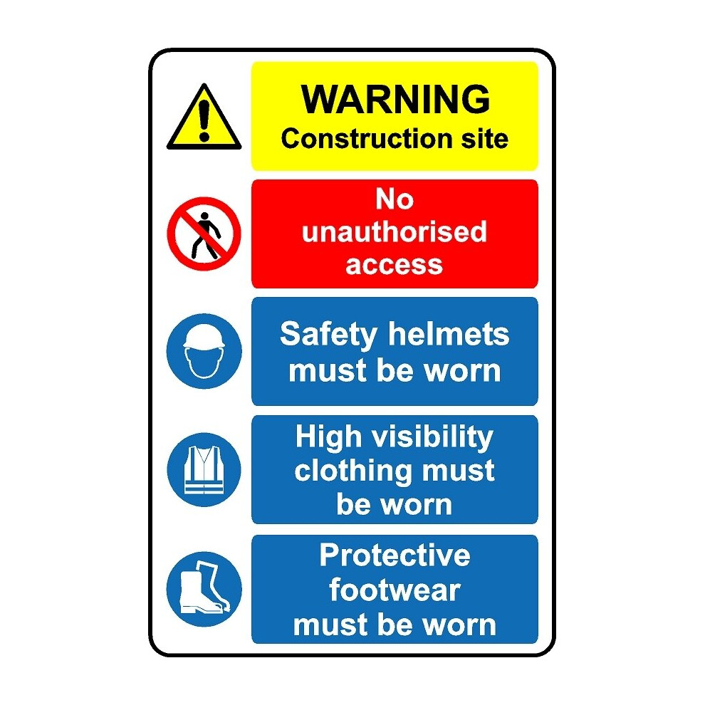 Warning construction site no unauthorised access safety sign - 1mm Plastic sign - 300mm x 200mm ...