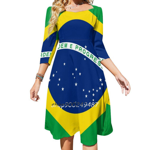Flag Of Brazil Square Neck Dress Loose Print Dresses Beach Party Dress ...