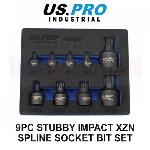 US PRO INDUSTRIAL 9PC Stubby Impact XZN Spline Bit Socket Set M4 - M18 ...