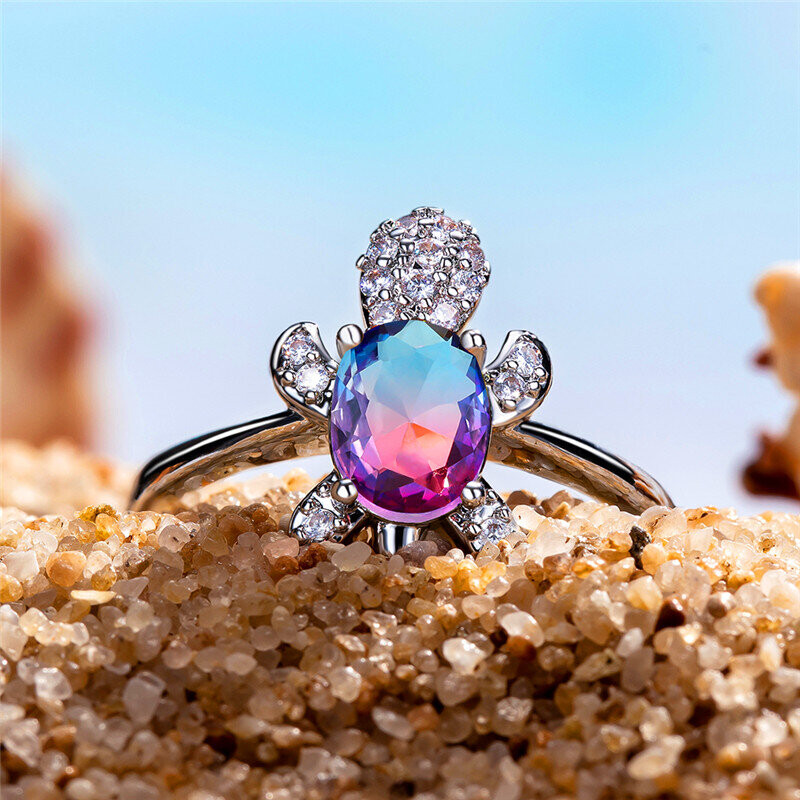 Female Oval Rainbow Crystal Jewelry Charm Silver Thin Engagement Ring ...