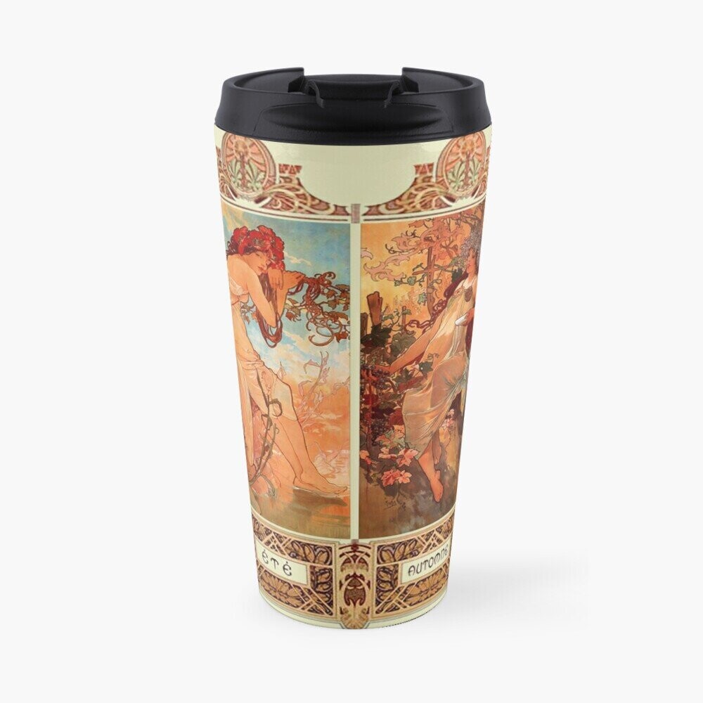 Insulated Travel Coffee Mug Alphonse Mucha Four Seasons Art Nouveau ...