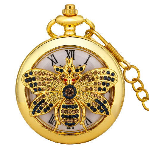 Charm Inlaid Diamond Bee Half Hunter Quartz Pocket Watch Roman Numerals ...