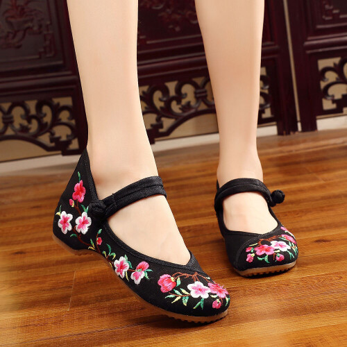 (Black-41) Vintage Women Flower Embroidered Cotton Fabric Ballet Flats ...