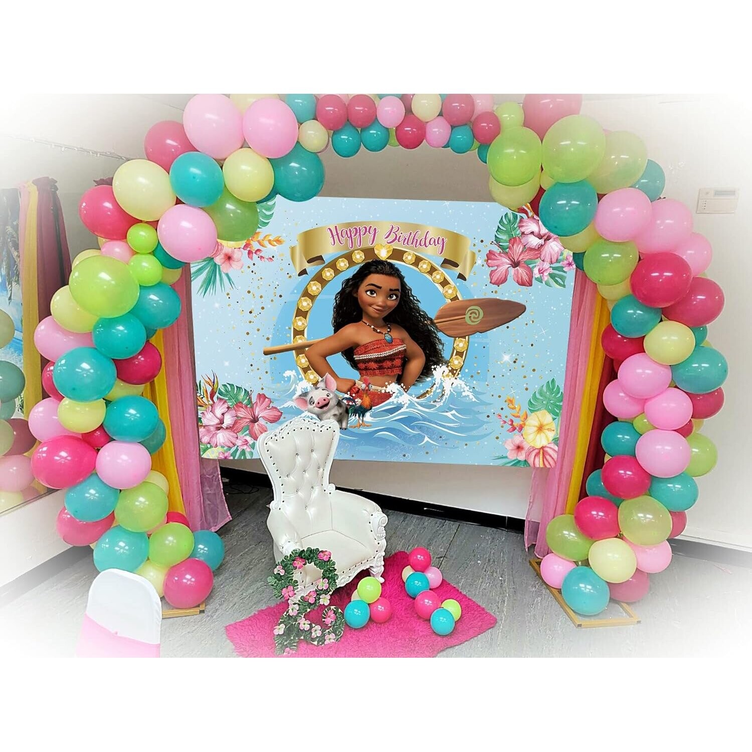 Summer Beach Baby Moana Theme Backdrops Pink Flowers Blue Water Girls ...