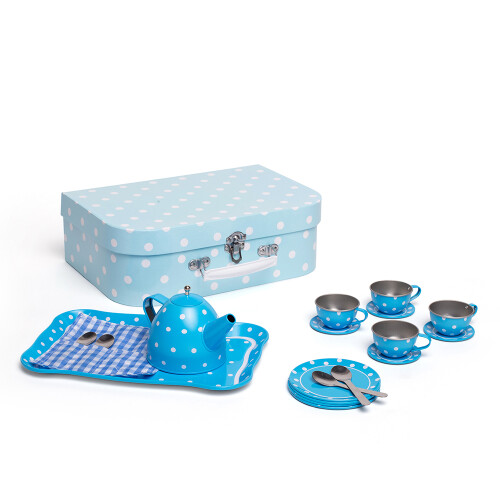 Bigjigs Toys Blue Polka Dot Kids Tea Set with Carry Case - 15 Piece Tin ...