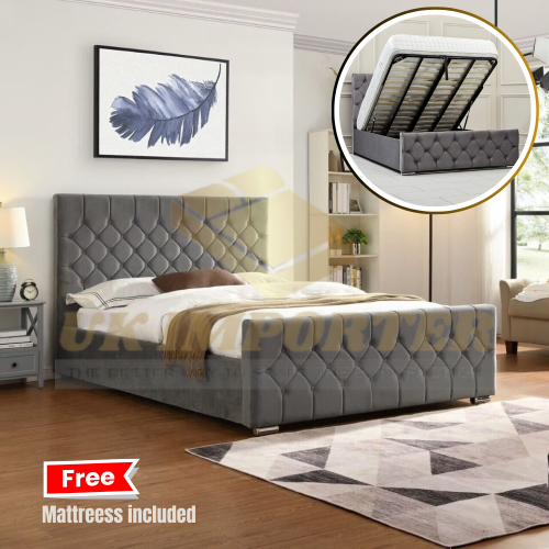 (Single 3ft, Steel Plush(with Ottoman Storage)) Chesterfield Plush Velvet Florida Bed Frame with ...