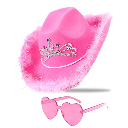 JICASTO Cowboy Hat Pink Cowgirl Hat with Sequins & Tiara Crown for ...