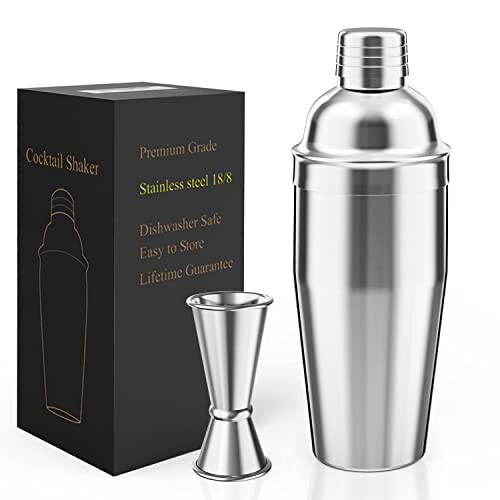 LUCKYGOOBO Cocktail Shaker with Double Measuring Jigger,18/8 Stainless ...