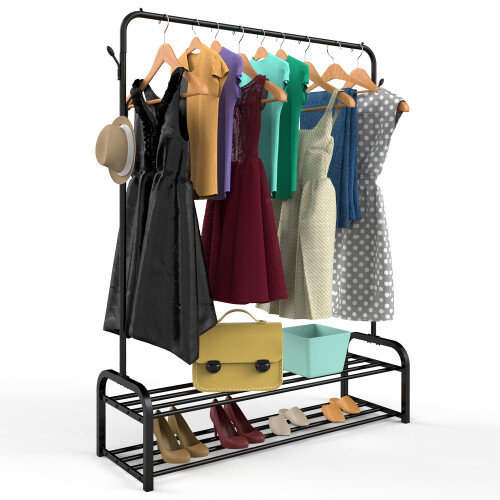 Clothes Rail Stand with Double Shoe Rack Minimalist Heavy Duty - Black ...