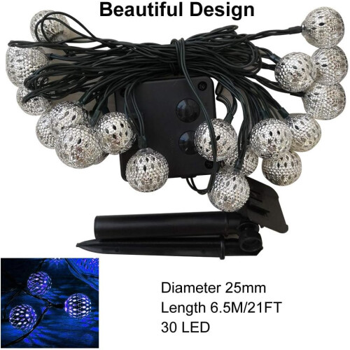6.5M 30-Light Moroccan Wrought Iron Solar String Light - Blue Light on ...