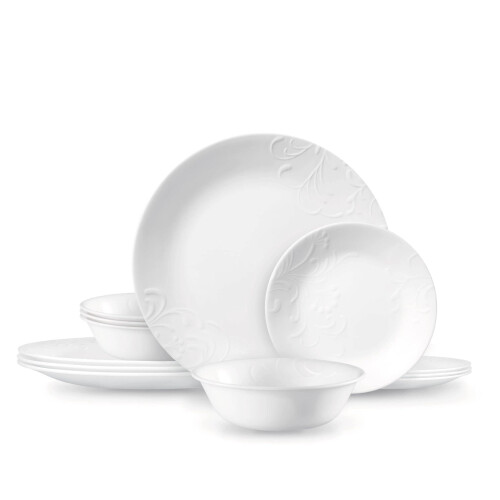 corelle Madeline Embossed 12 Piece White Dinnerware Set on OnBuy