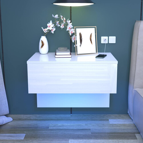 Floating Bedside Table with RGB Light High Gloss White Wall-Mounted on ...
