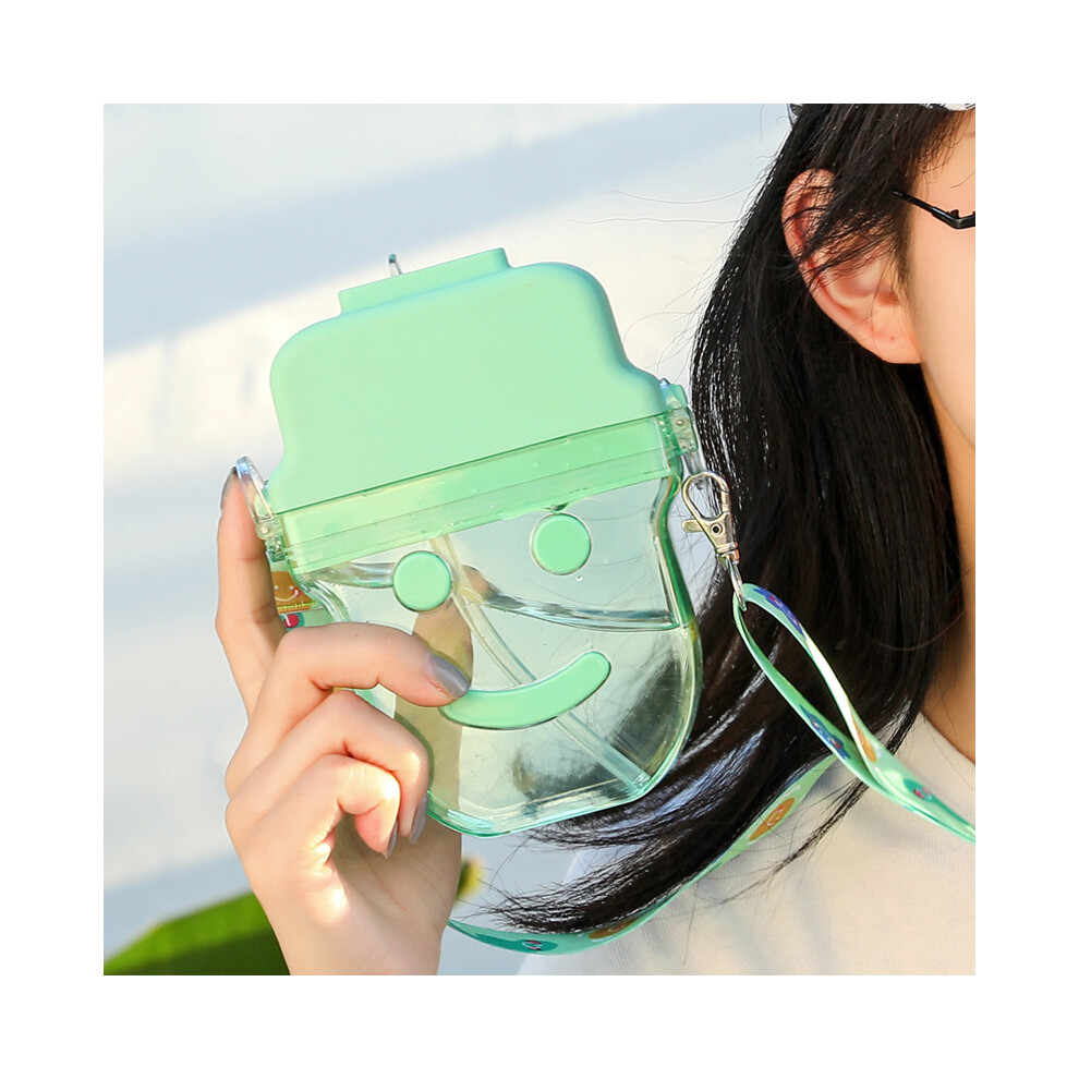 (Green) Portable 300ml Plastic Bottle Smiley Face Sealing Straw ...