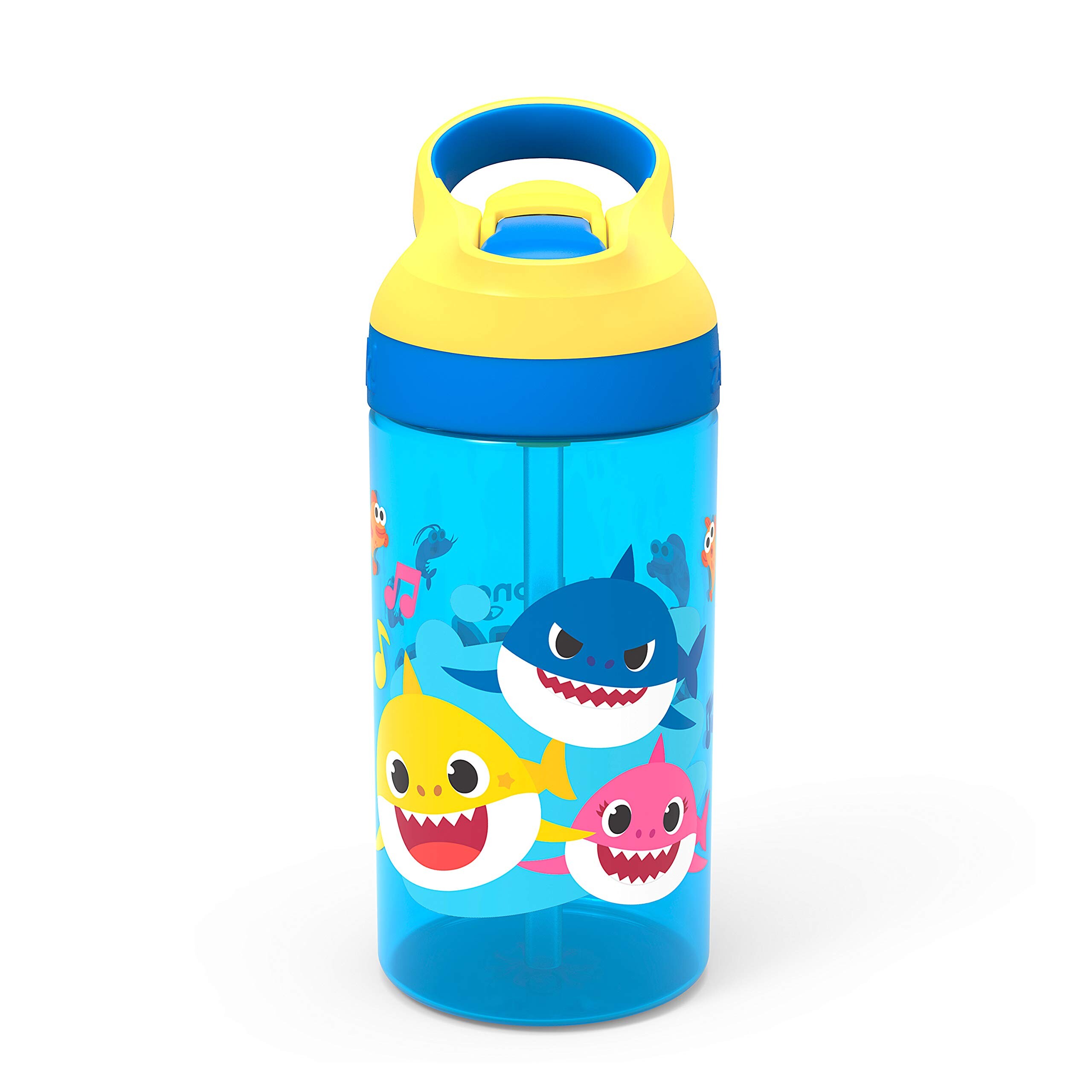 Zak Designs Baby Shark Kids Water Bottle with Straw and Built in Carrying Loop Made of Durable ...